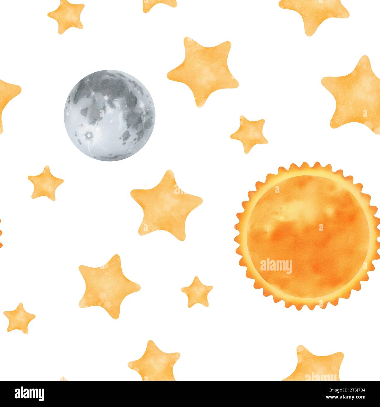 Watercolor seamless pattern. starry night sky. Yellow stars, a gray moon, and a bright orange ...