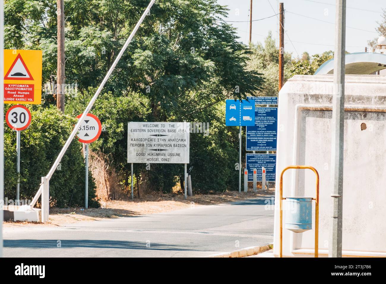 a sign welcomes drivers to the Eastern Sovereign Base Area, a British ...