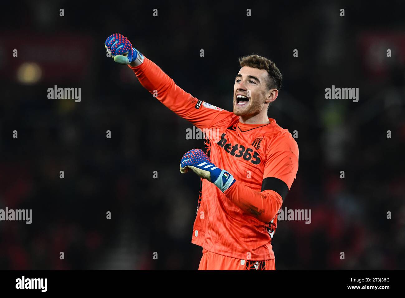 Mark Travers #1 of Stoke City celebrates at the final whistle of the ...