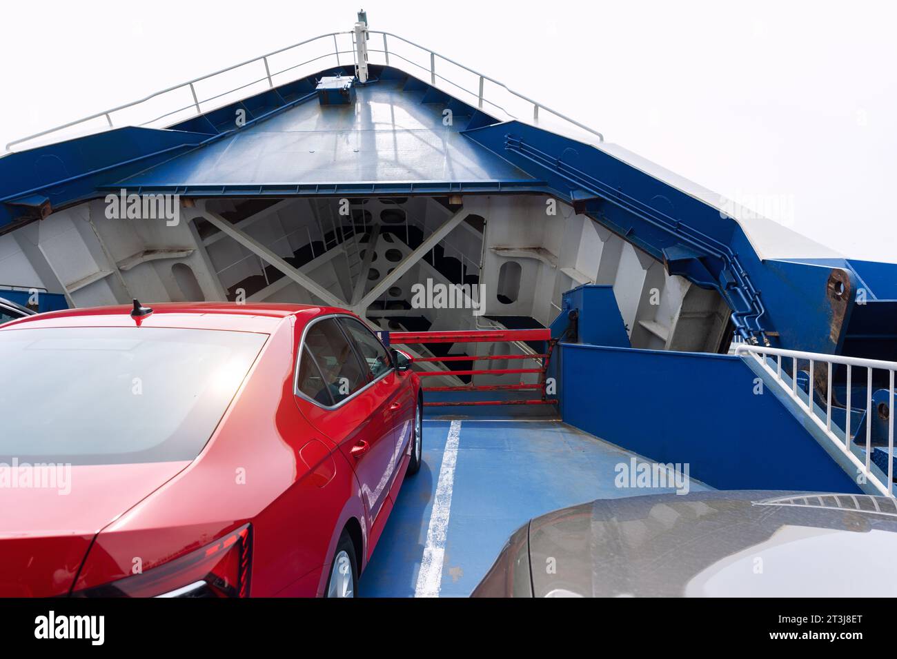 Front open door of passenger freight cargo ferry boat vessel ship with ...