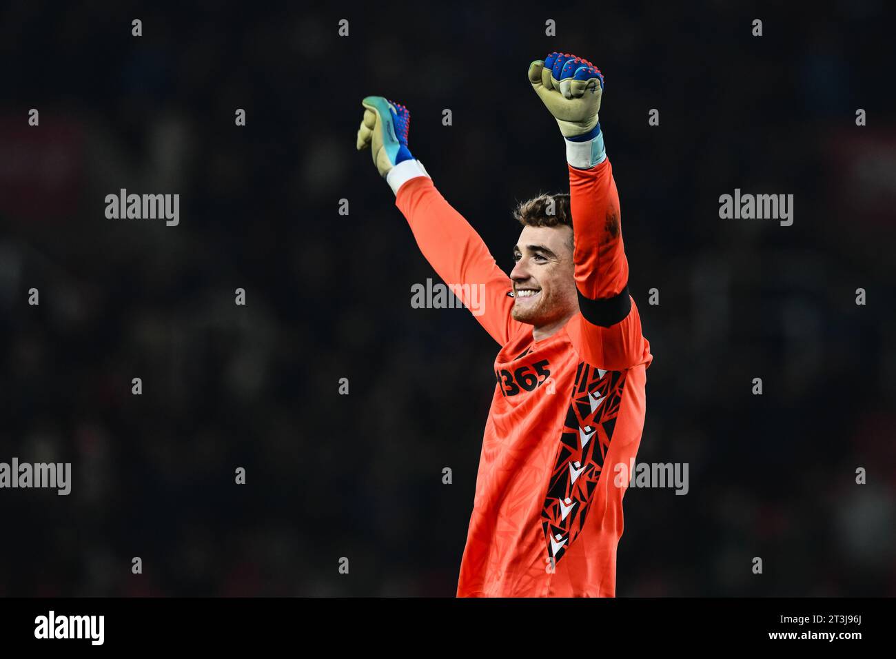 Mark Travers #1 of Stoke City celebrates at the final whistle of the ...