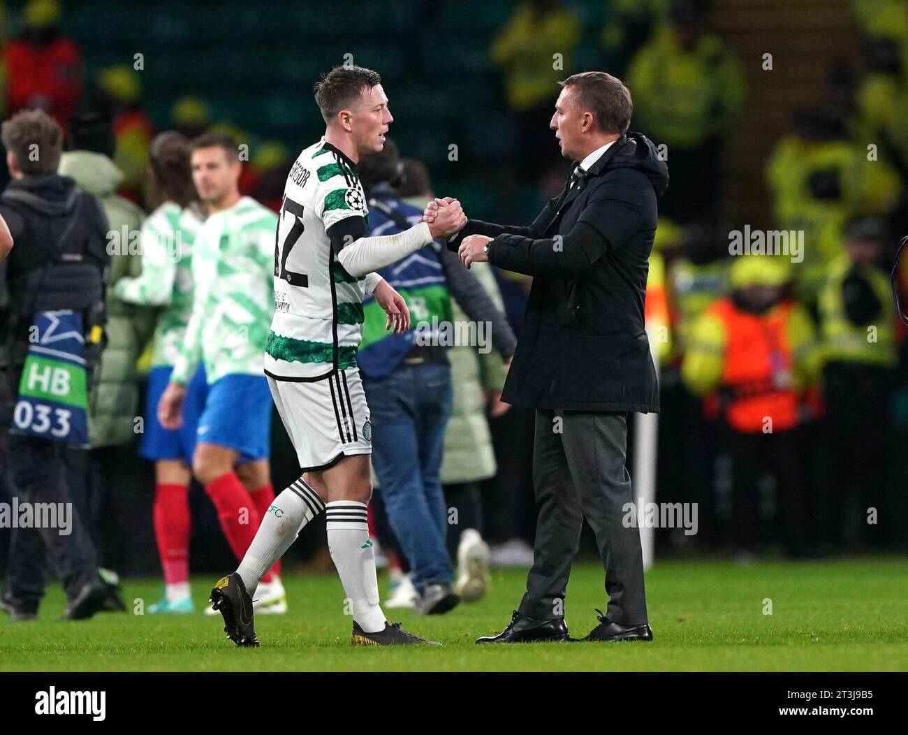 Celtic's Callum McGregor greets manager Brendan Rodgers following the UEFA Champions League ...