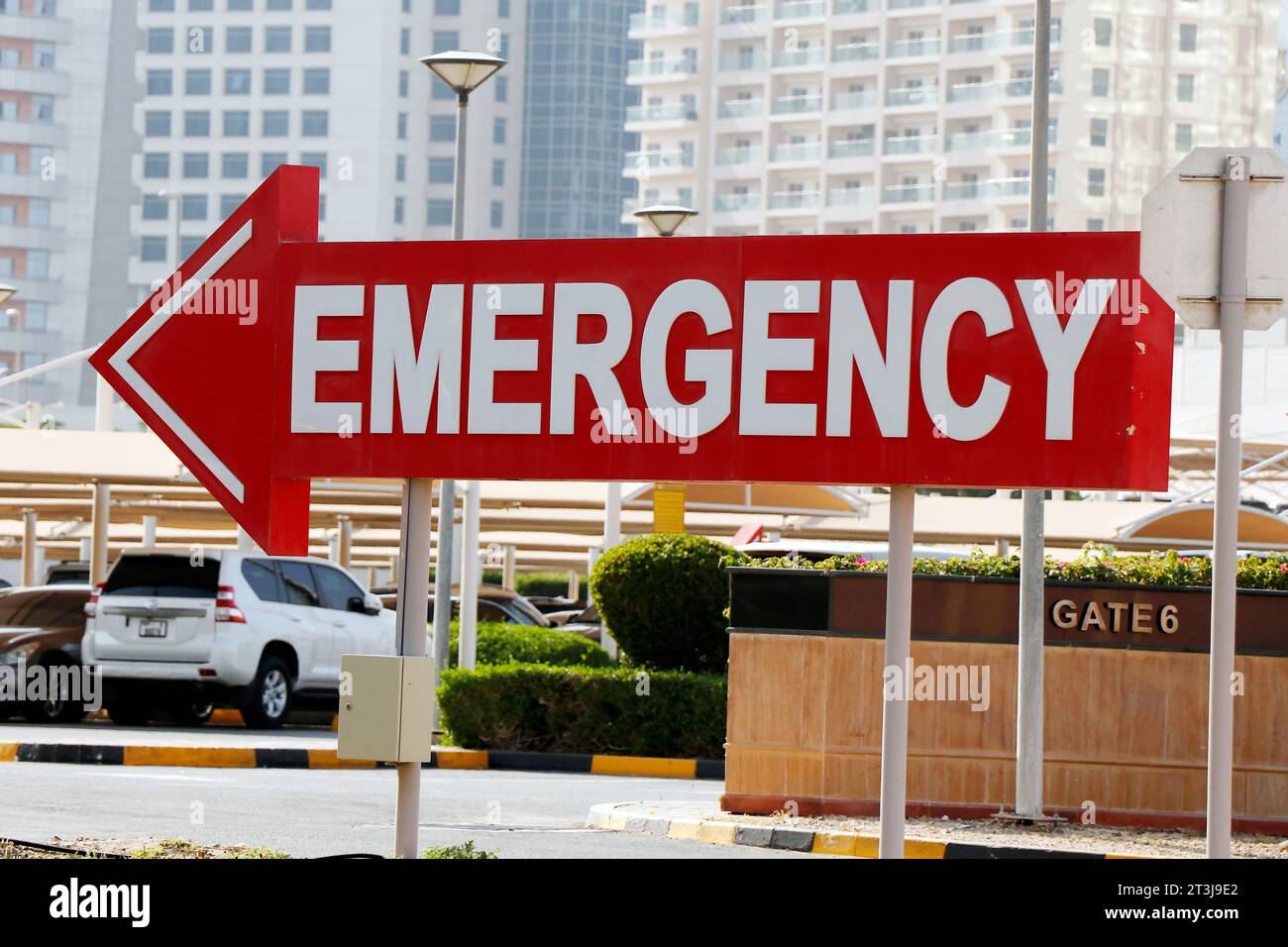 hospital emergency arrow sign board in close up at dubai united arab ...