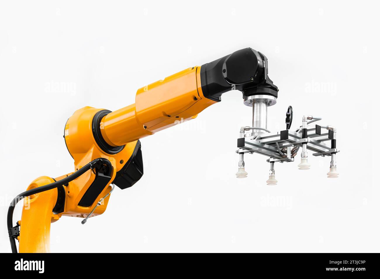 Industrial robotic arm with vacuum grip for moving heavy boxes. Factory robot isolated on white ...