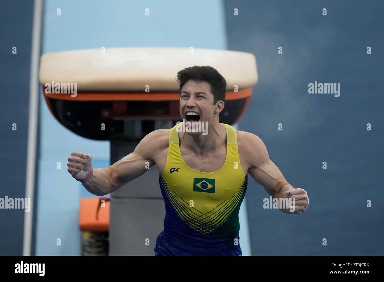 Brazil's Arthur Mariano celebrates after competing in the men's ...