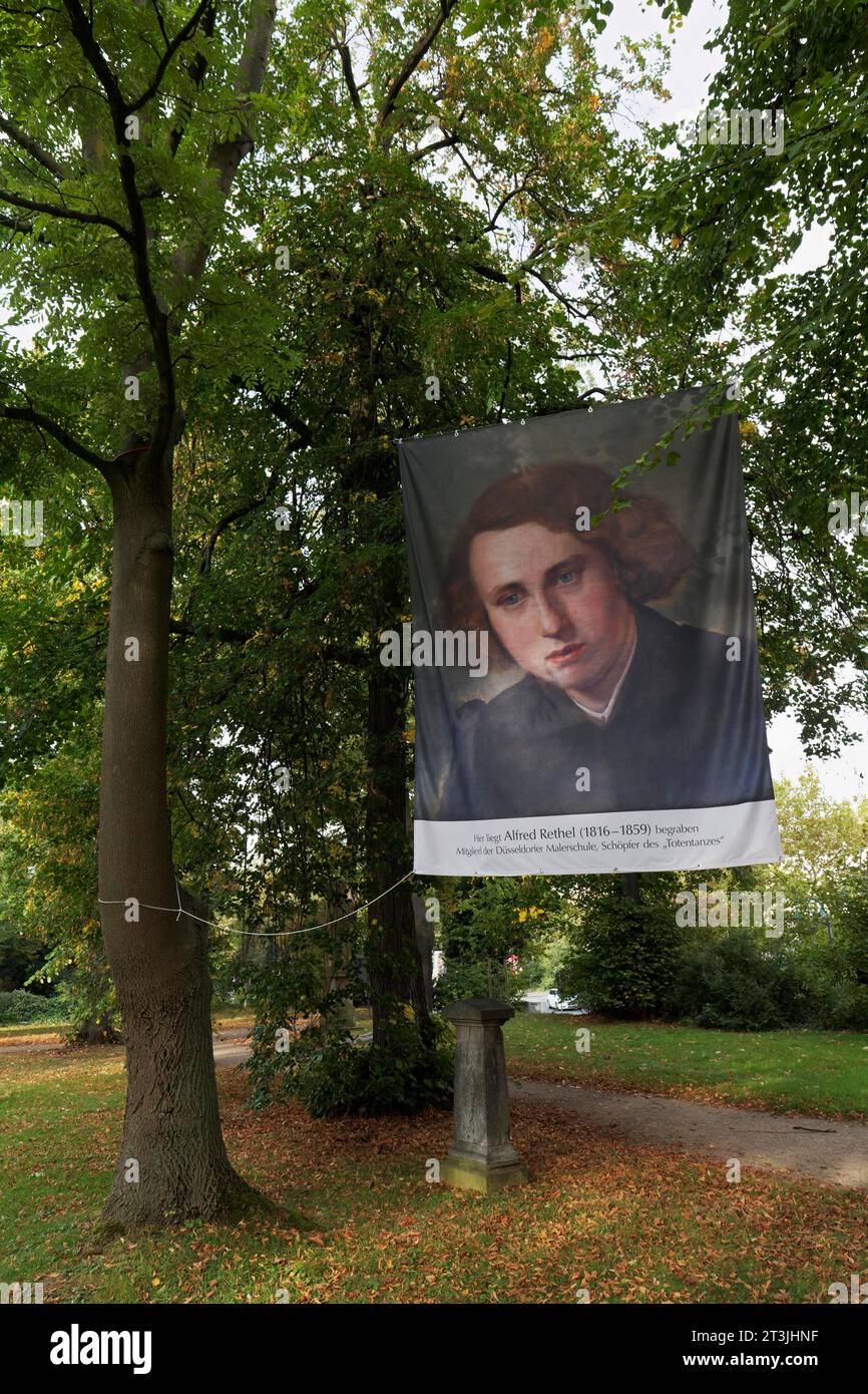 Banner with portrait of Alfred Rethel, artist of the Duesseldorf School ...