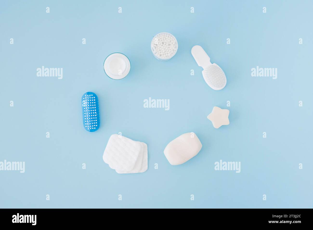 Bath implements blue background Stock Photo - Alamy