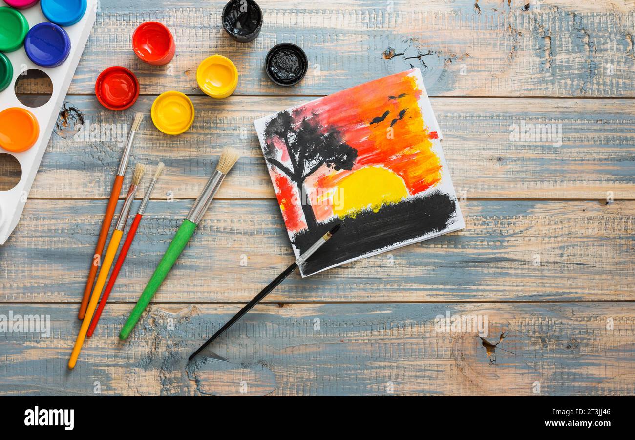 Beautiful nature painting with watercolor container paint brush Stock ...
