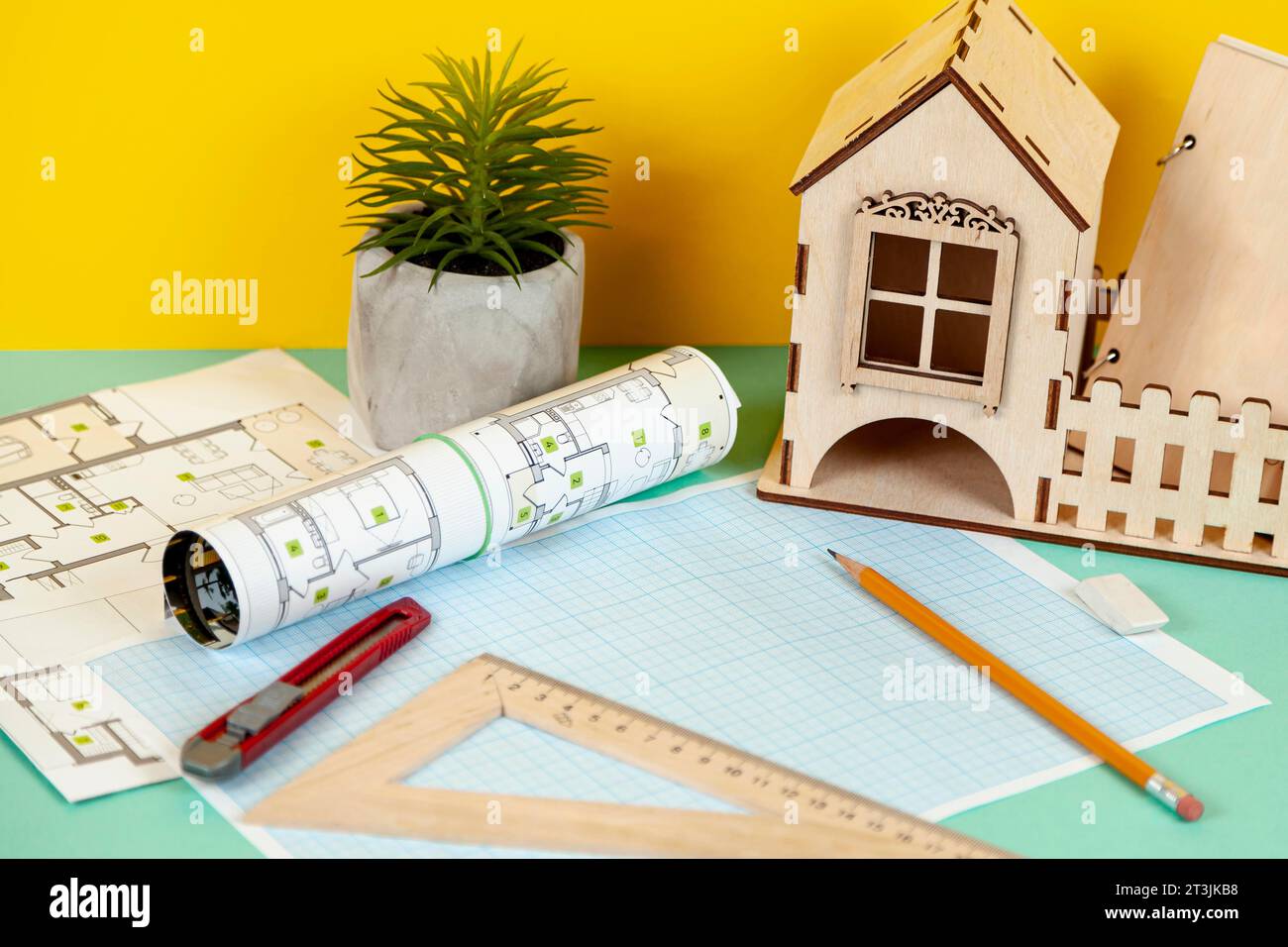 High angle architectural objects desk Stock Photo - Alamy