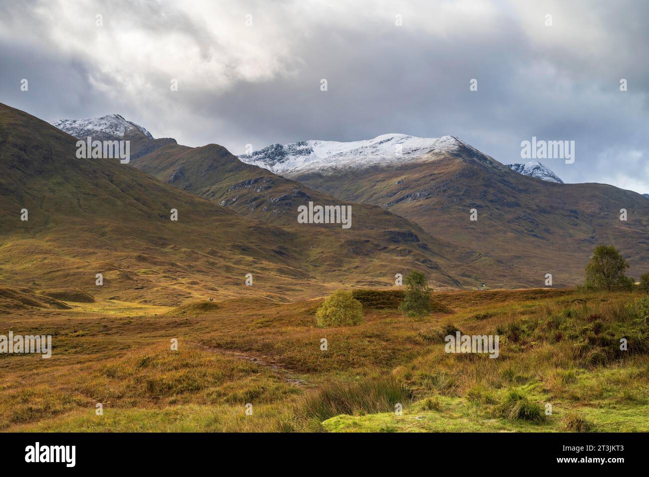 Autumn landscape of the Highlands with snowy mountain peaks, Glen Sheil ...