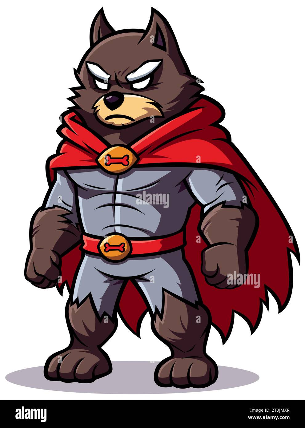 Cartoon style illustration of fierce superhero wolf with red cape ...
