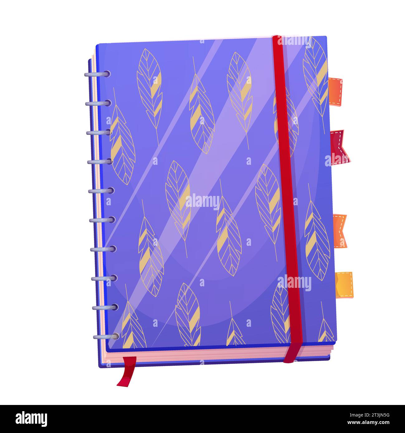 Notebook closed with spiral, marks decorated with boho feathers top view in cartoon style ...