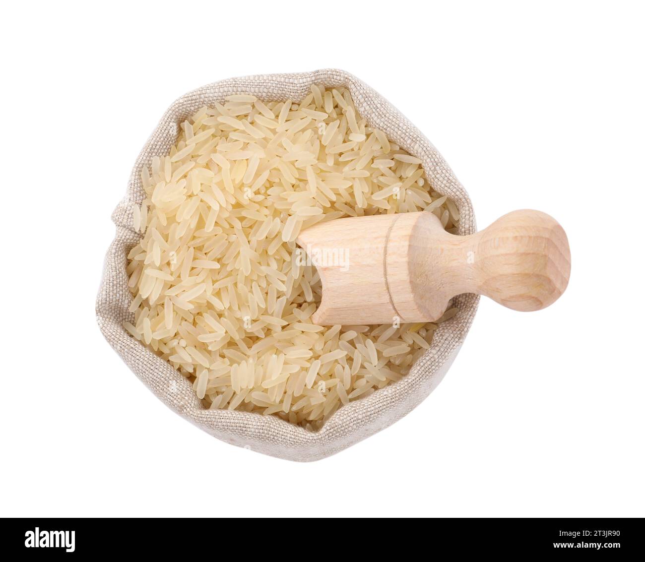 Raw rice in sack isolated on white, top view Stock Photo - Alamy