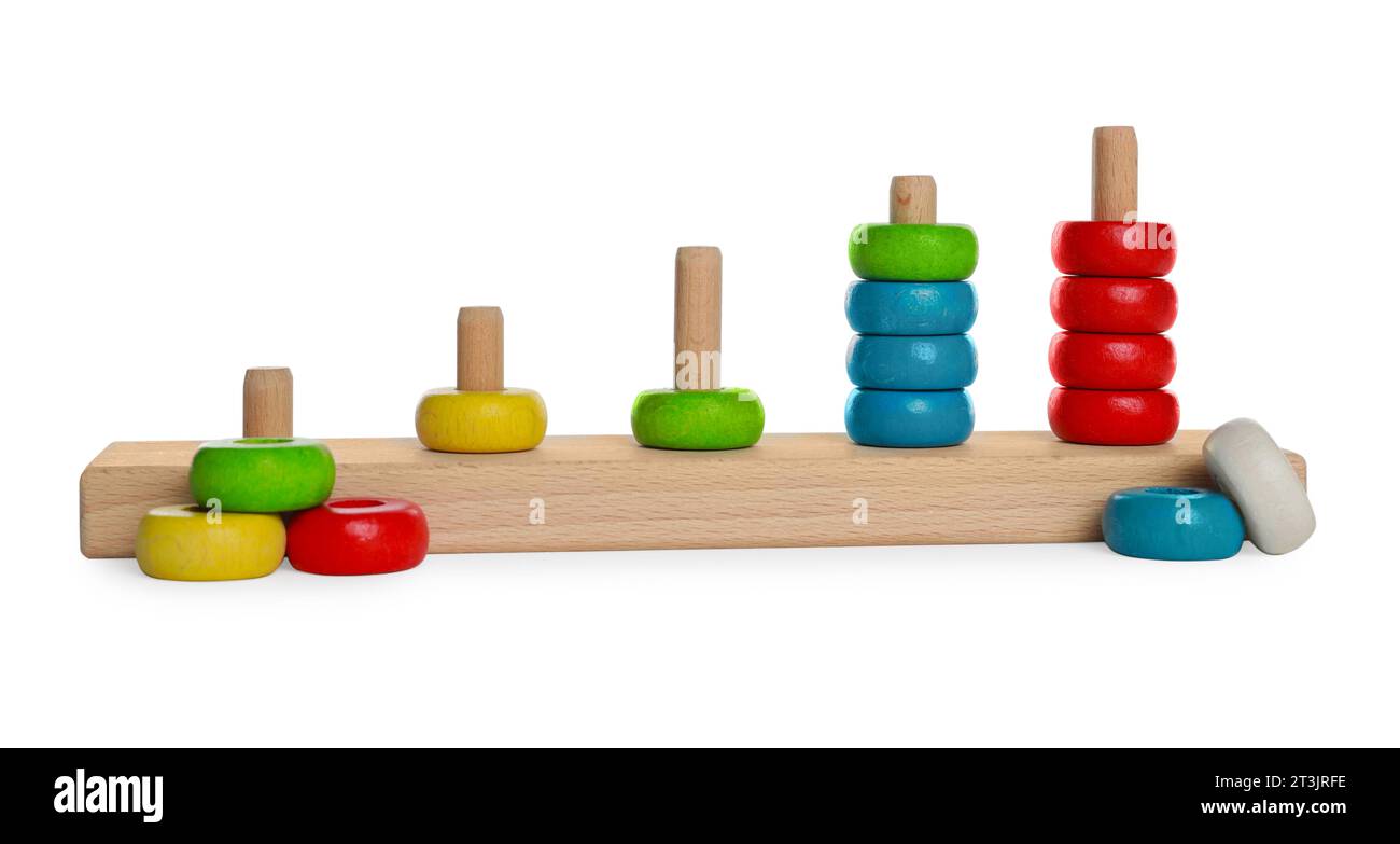 Stacking and counting game wooden pieces isolated on white. Educational ...