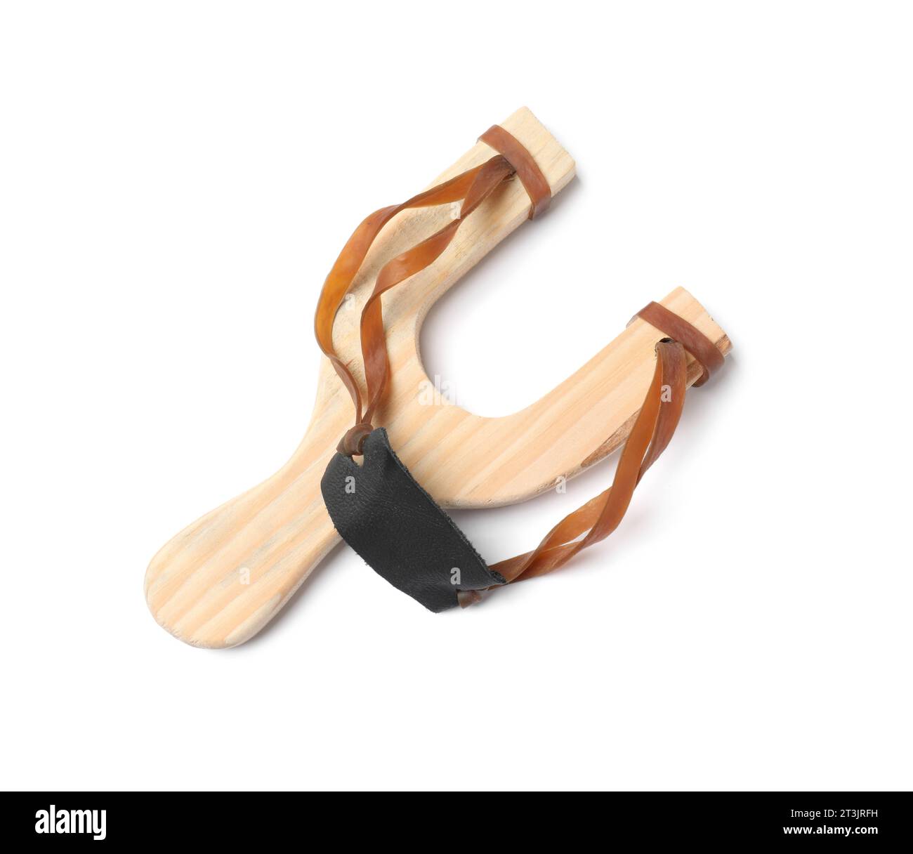 One wooden slingshot with leather pouch isolated on white, top view ...