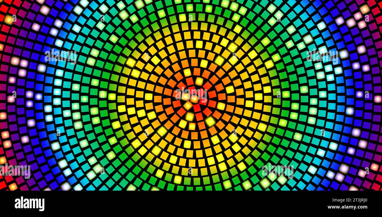 Bright radial rainbow mosaic of square tiles with luminous elements ...