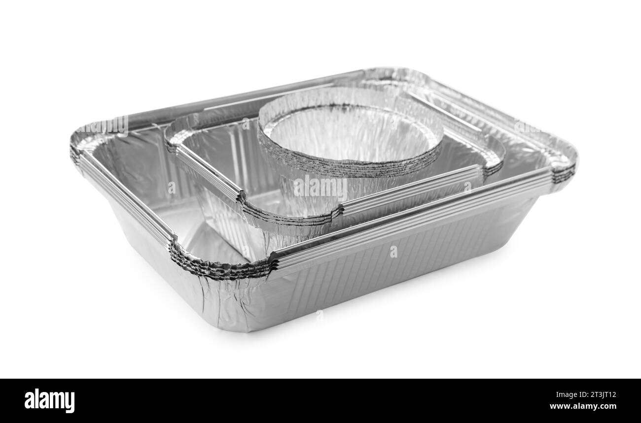 Many different aluminum foil containers isolated on white Stock Photo ...