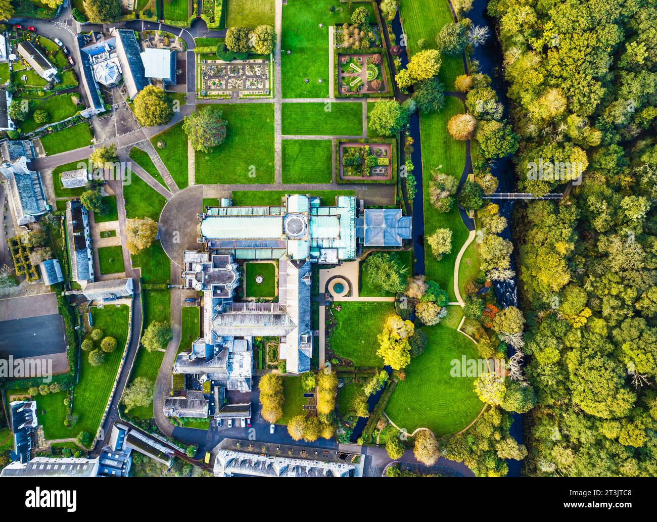 Top Down over Buckfast Abbey and gardens from a drone, Buckfast, Totnes ...