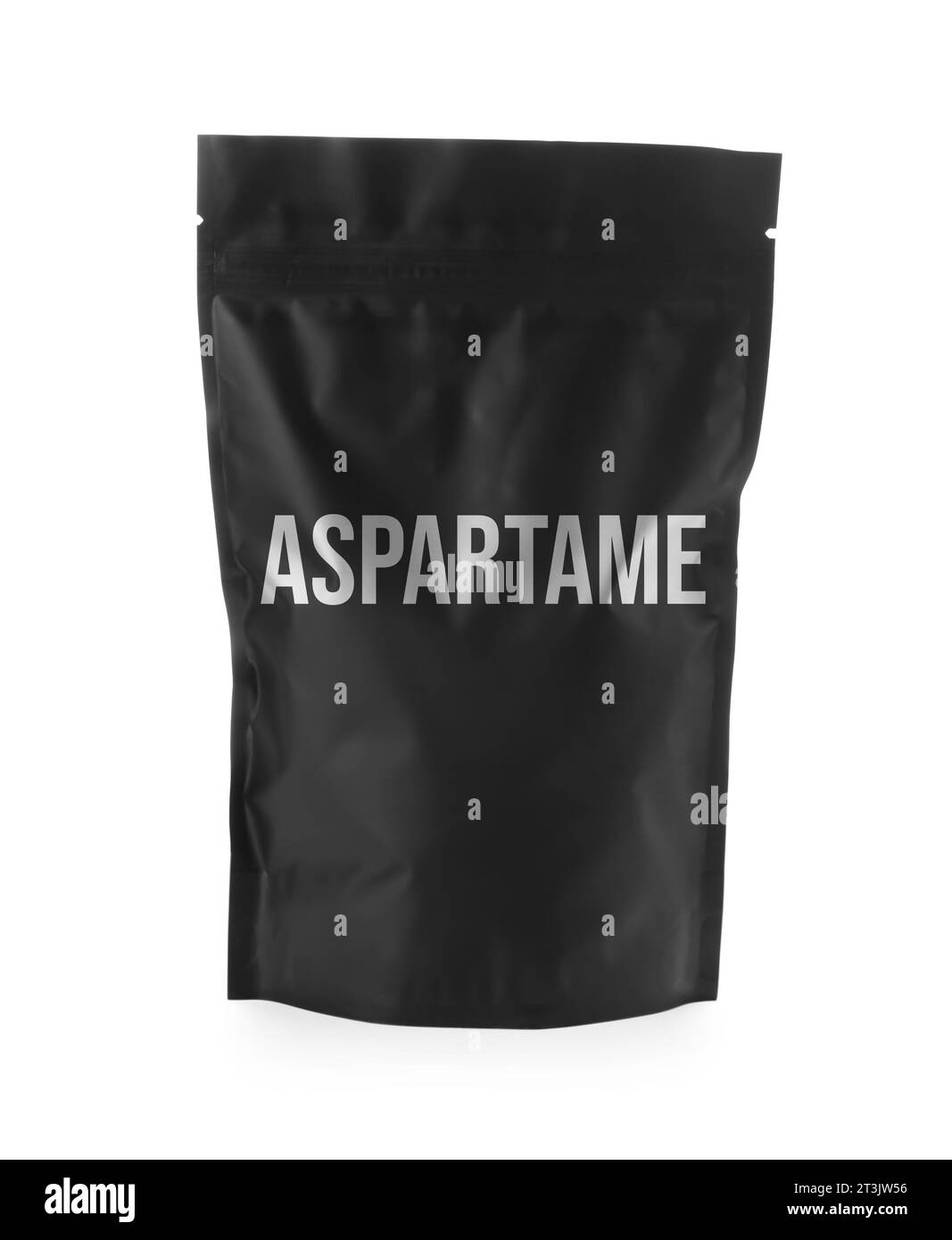 Aspartame. Black foil package with artificial sweetener on white ...