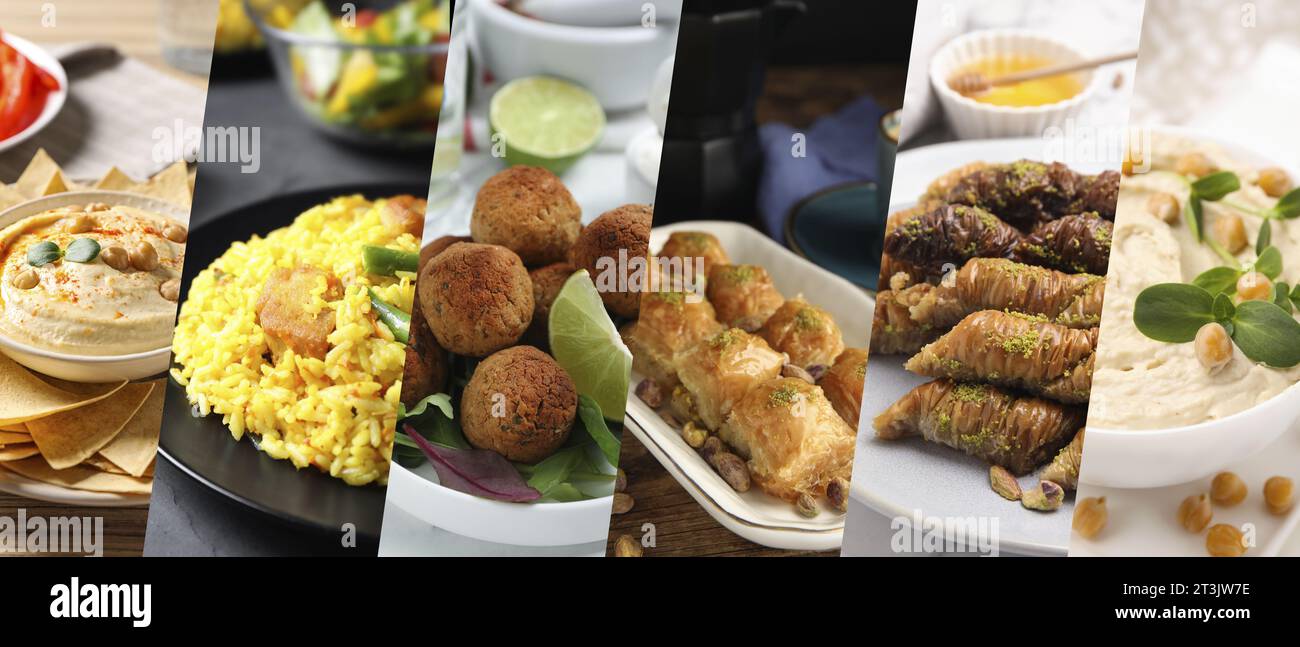Different tasty Middle Eastern dishes. Collage of hummus, pilaf ...
