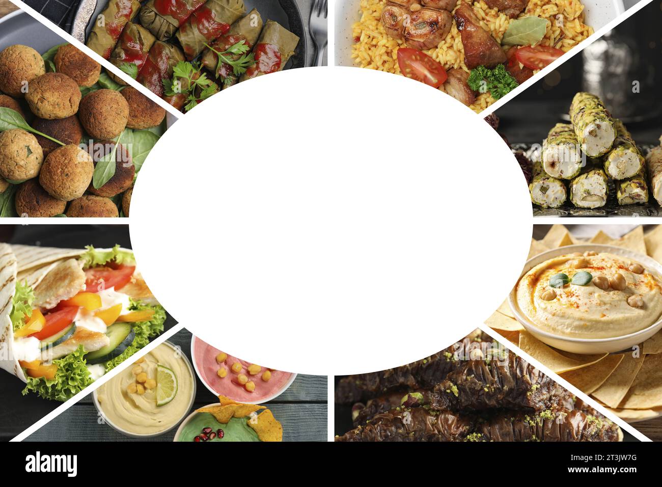 Different tasty Middle Eastern dishes. Collage with shawarma, hummus ...