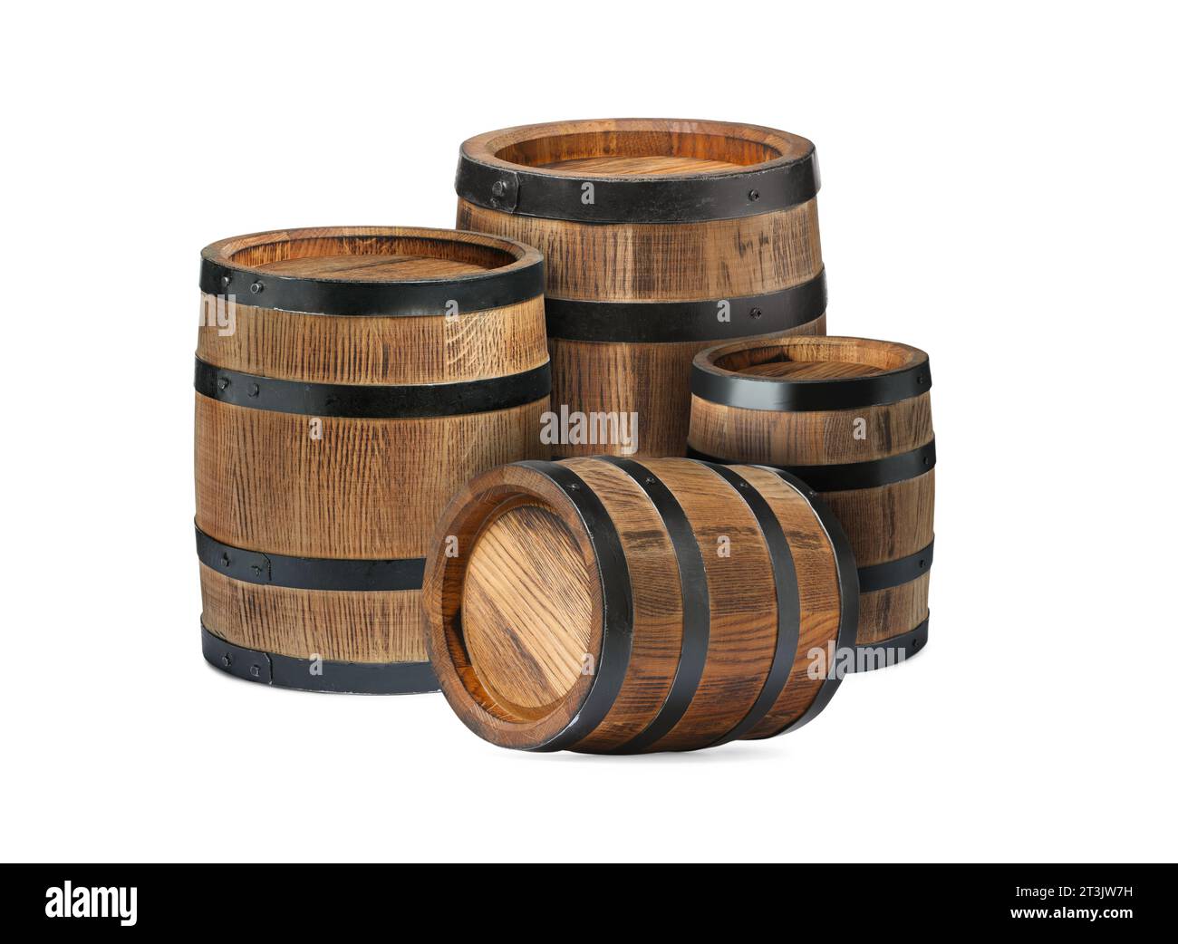 Set of many wooden barrels on white background Stock Photo - Alamy
