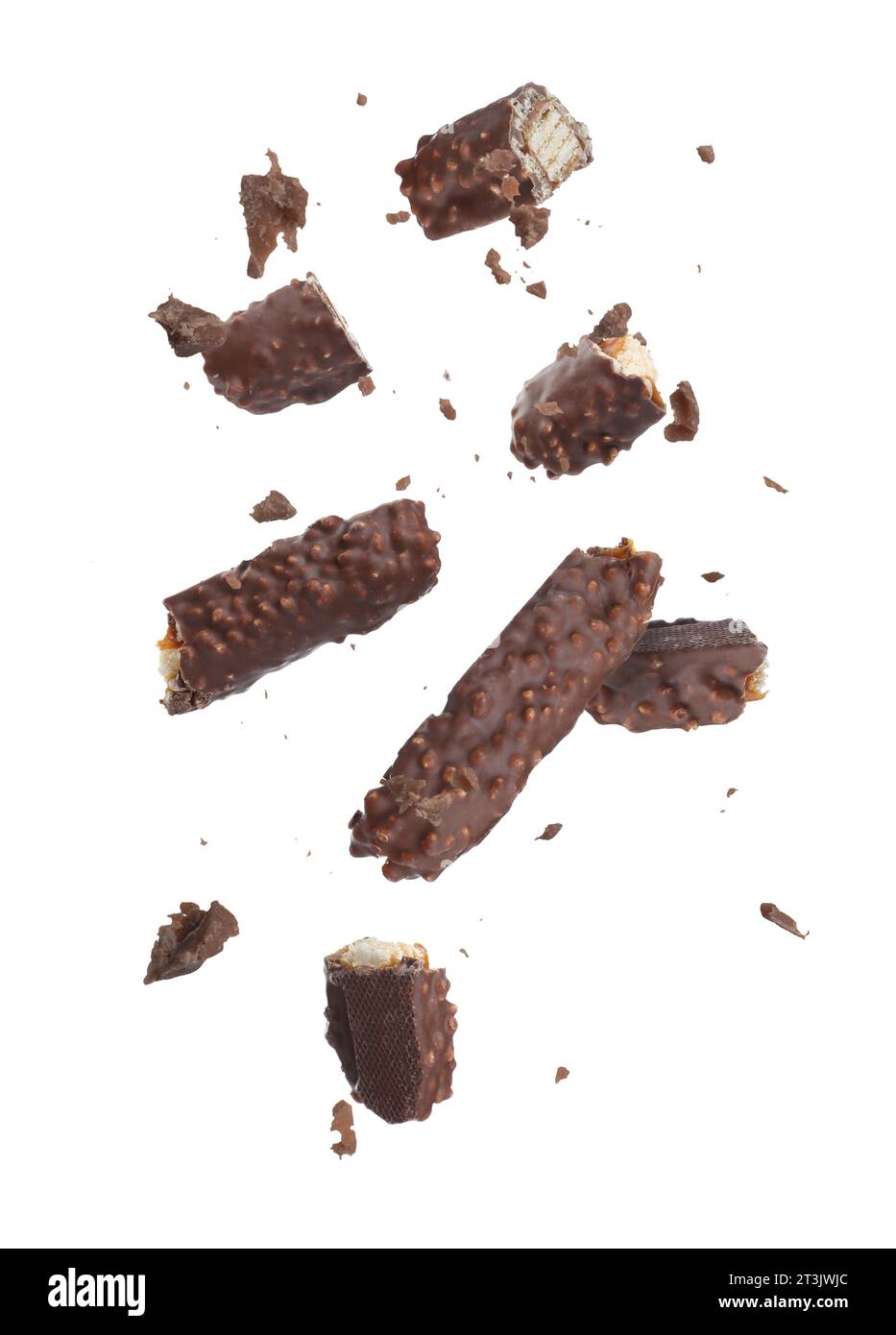 Pieces of tasty chocolate bars falling on white background Stock Photo ...