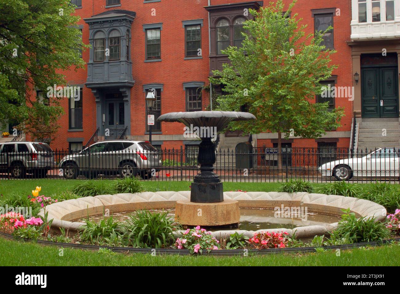 A fountain sits in the center of Union Park, A small green space in the ...