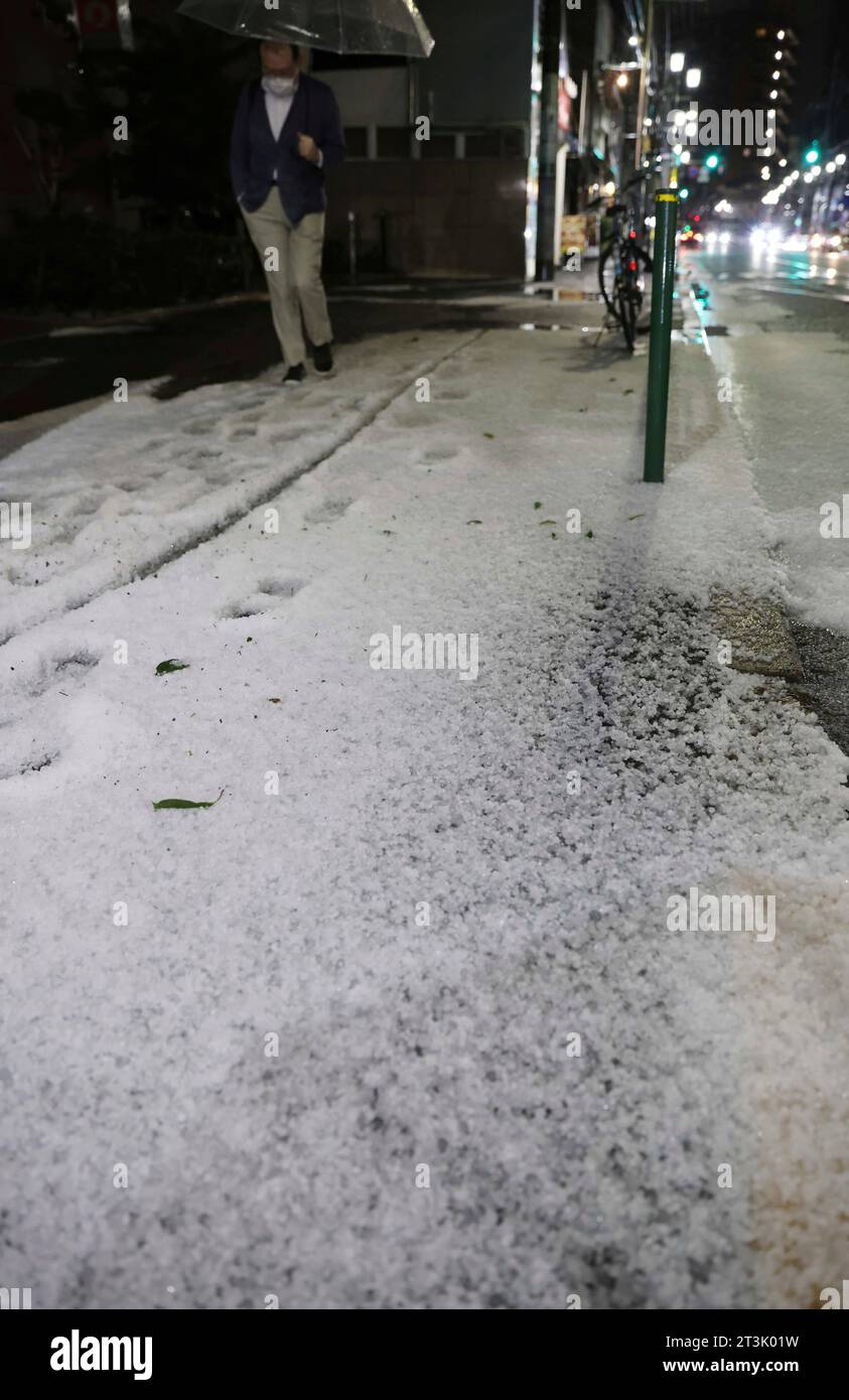A photo shows hail accumulated on the sidewalk in Bunkyo Ward, Tokyo on ...