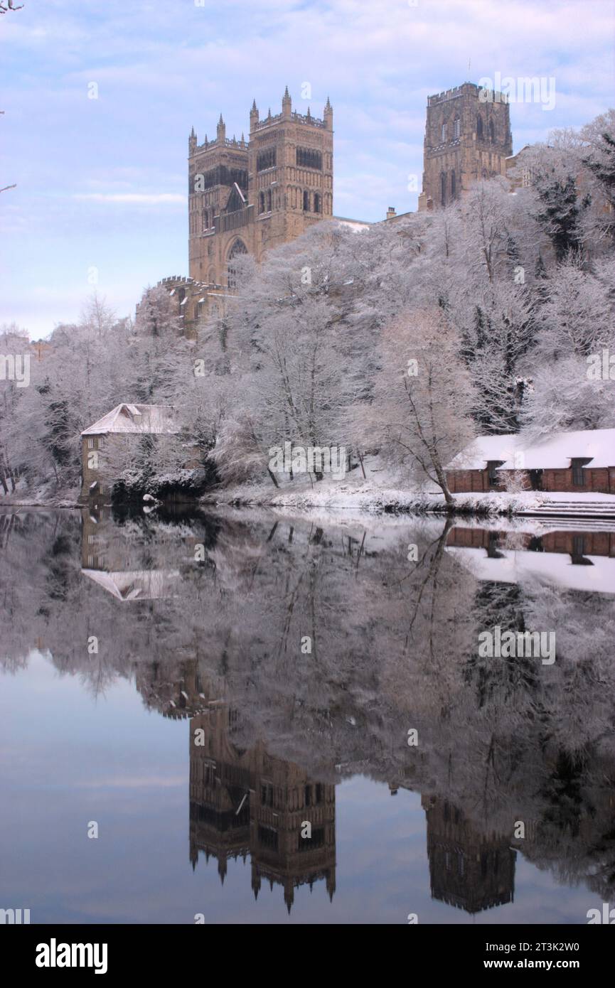 The Durham Cathedral & Mill across the River Wear in the snow in Durham ...