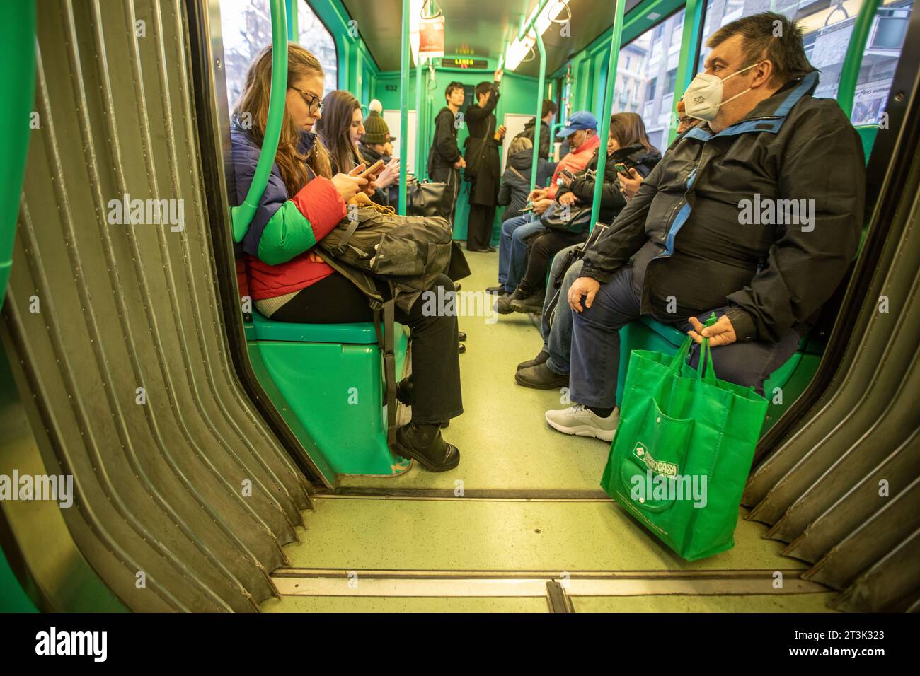 Milan, Italy: Passenger inside a city tram. Lombardy, Italy, Europe ...