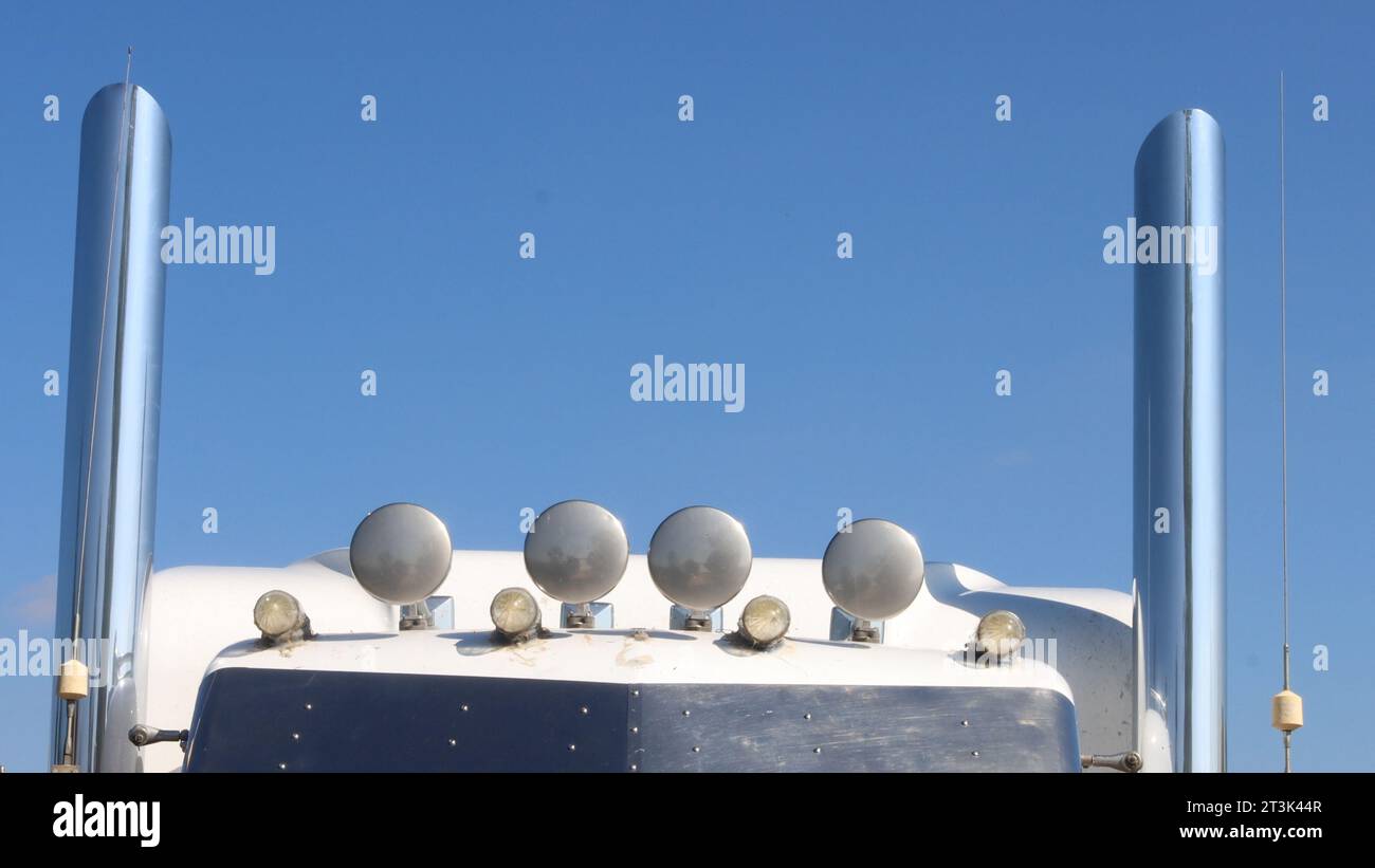 Semi truck stacks fram blue sky for print. Cab top with lights. Concept ...