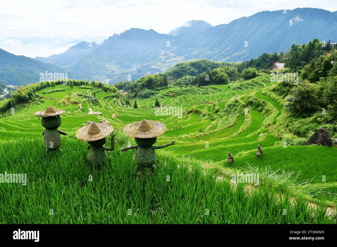 Photo of three scarecrows in front of terraces, Zhejiang Province ...