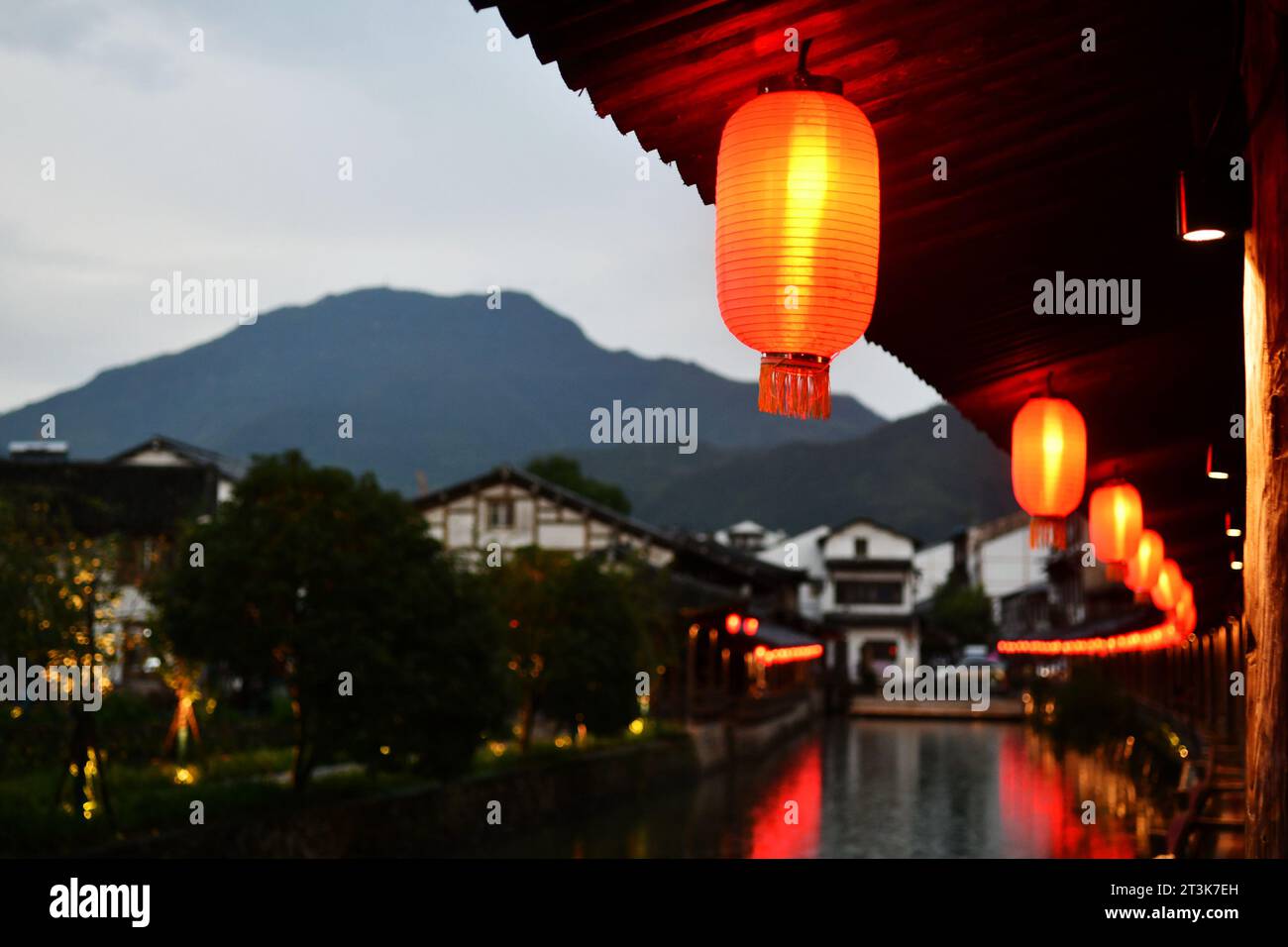 Night view photo of a traditional Chinese style corridor, with ...
