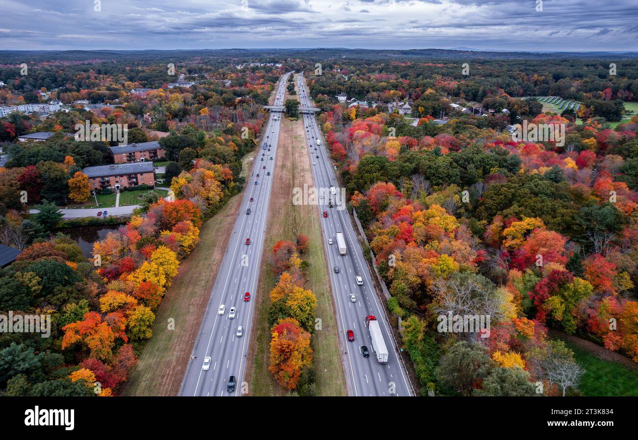 Aerial view of interstate 495 - Chelmsford, Massachusetts with fall ...