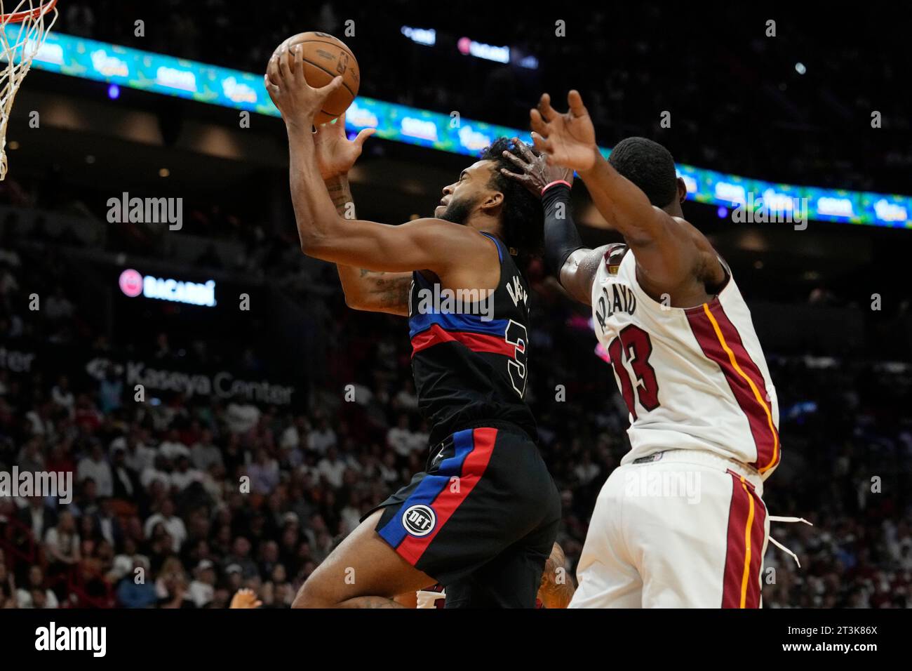 Detroit Pistons forward Marvin Bagley III (35) drives to the basket as Miami Heat center Bam ...