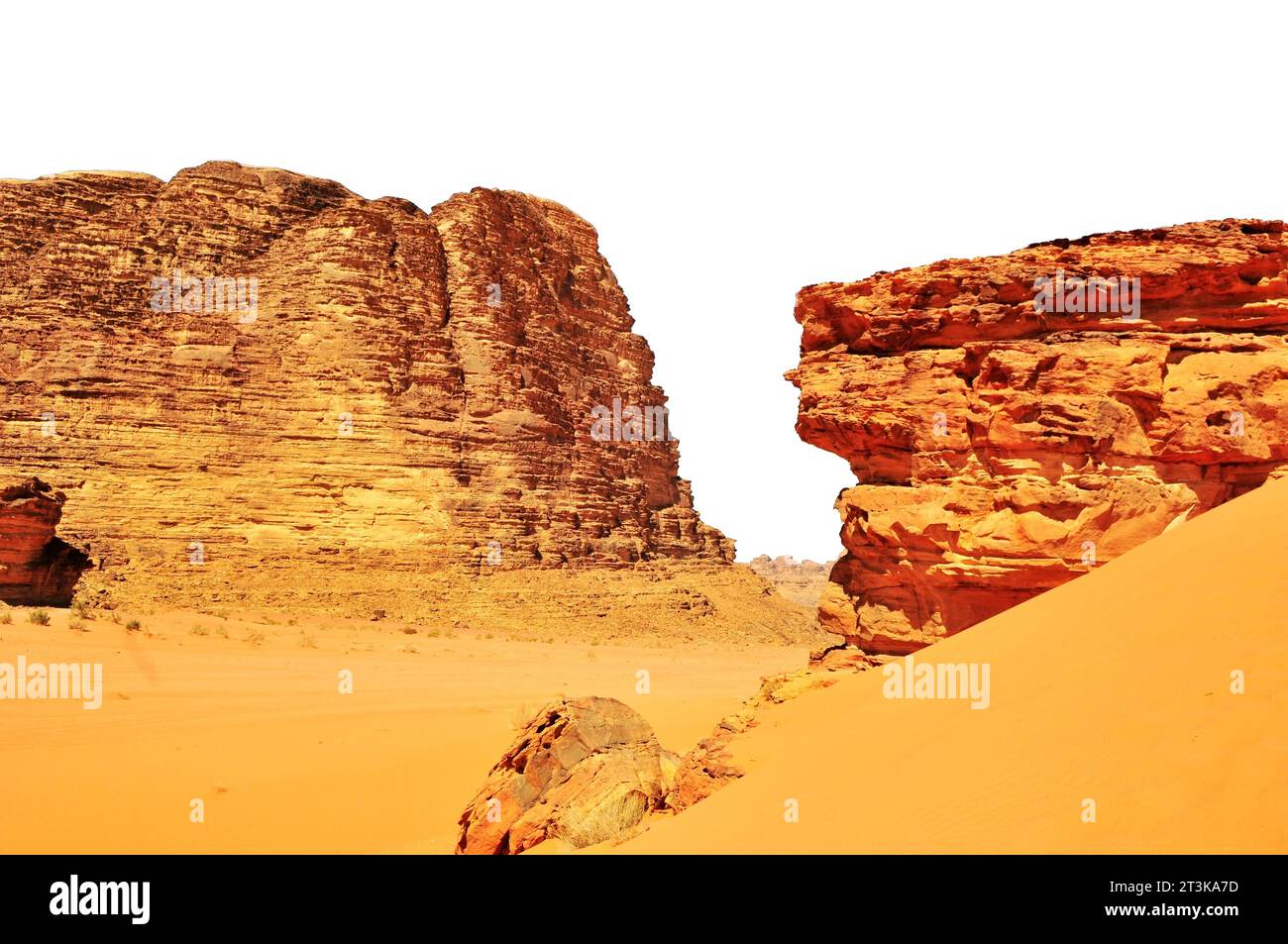 The landscape of the Wadi Rum desert in Jordan, isolated on white ...