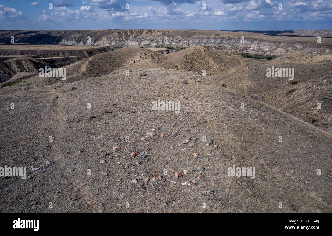 Aerial view of a historical Native American teepee ring from Alberta ...