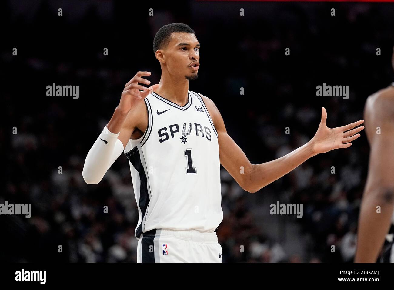 San Antonio Spurs center Victor Wembanyama (1) celebrates a play during ...