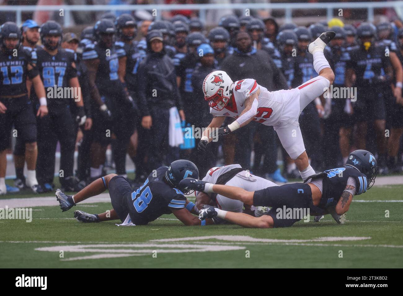 Marist Red Foxes running back Tristan Shannon #22 is taken down by ...