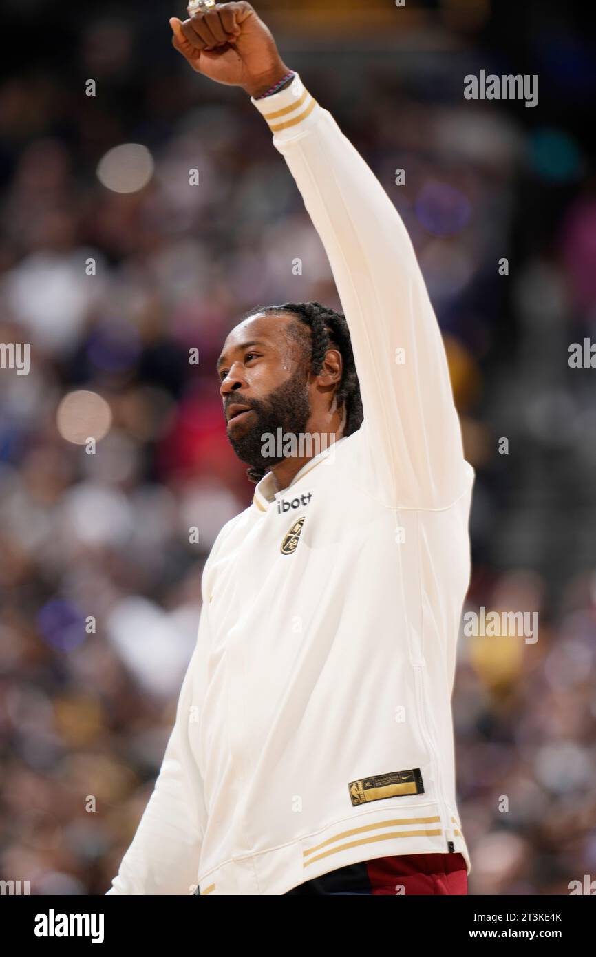Denver Nuggets center DeAndre Jordan (6) holds up his championship ring ...