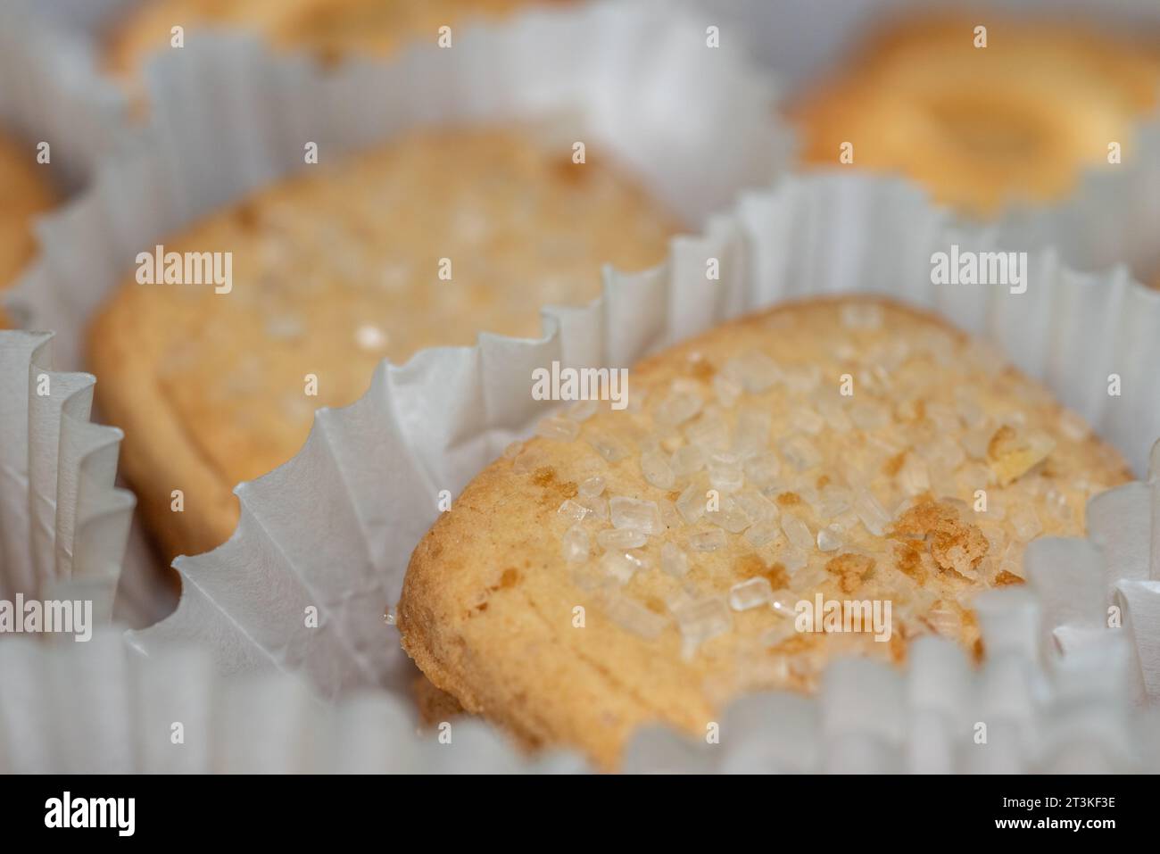 Danish butter cookies sweet tea biscuits stacked in paper packaging ...