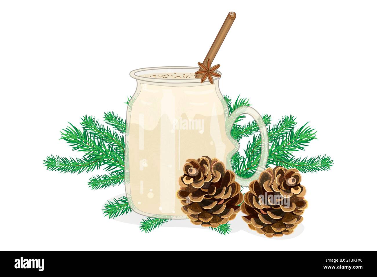 Eggnog, fir cone and twig. Winter drink and christmas tree. Pine branch ...