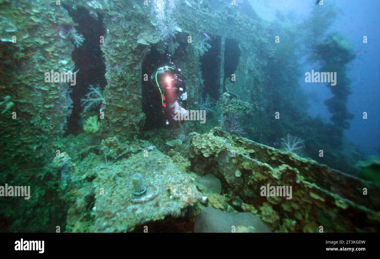 A diver comes out from the Shinkoku Maru, an oil tanker, carrying a bag ...