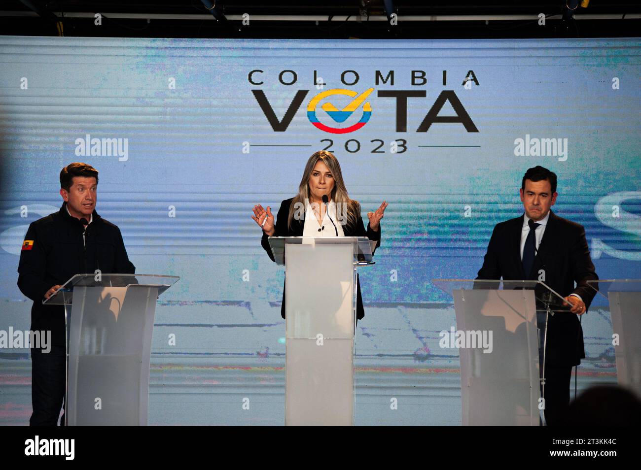 Bogota, Colombia. 25th Oct, 2023. Debate host Vicky Davila reacts as ...