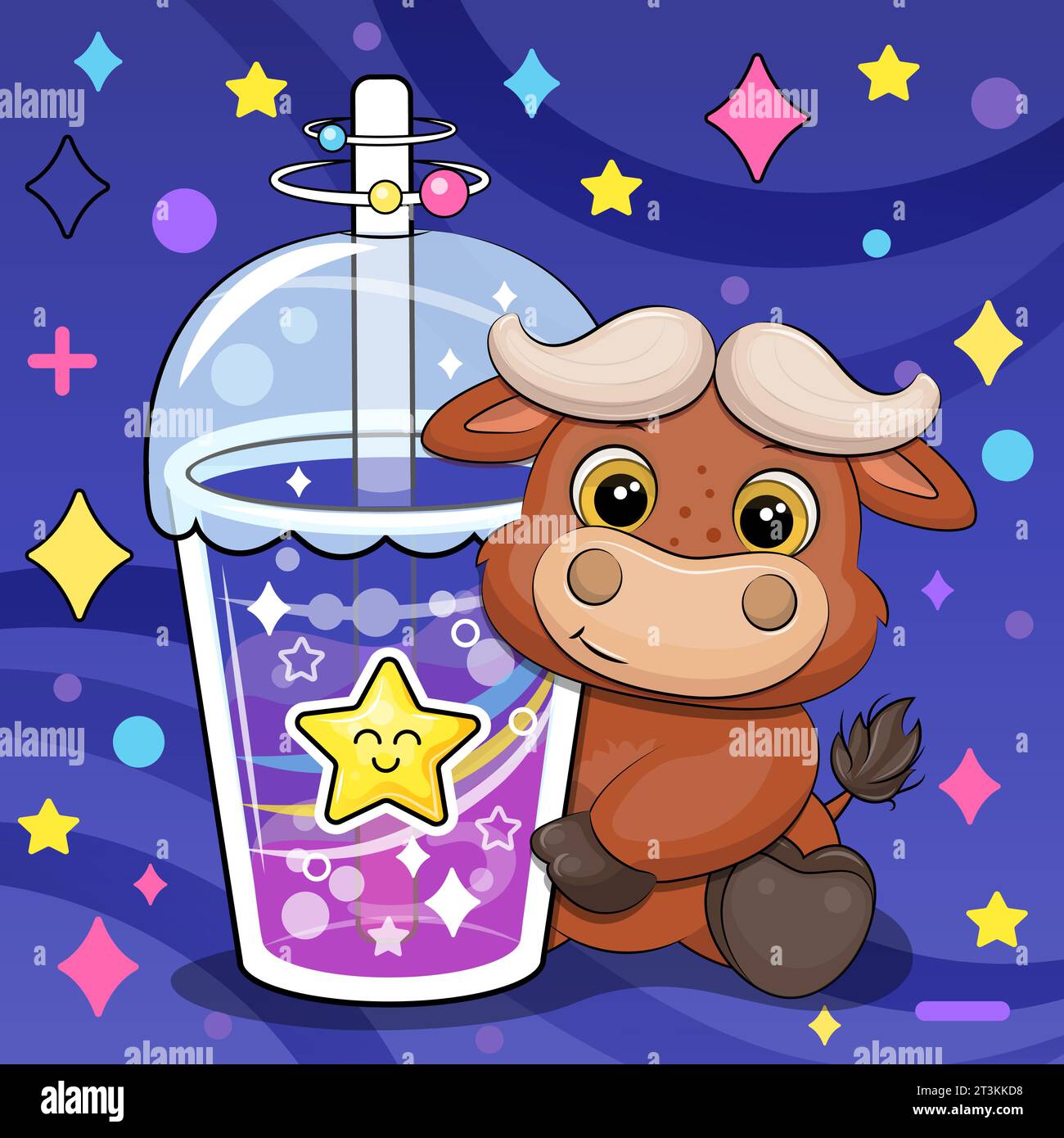 Cute cartoon buffalo with a big star drink. Vector illustration of an ...