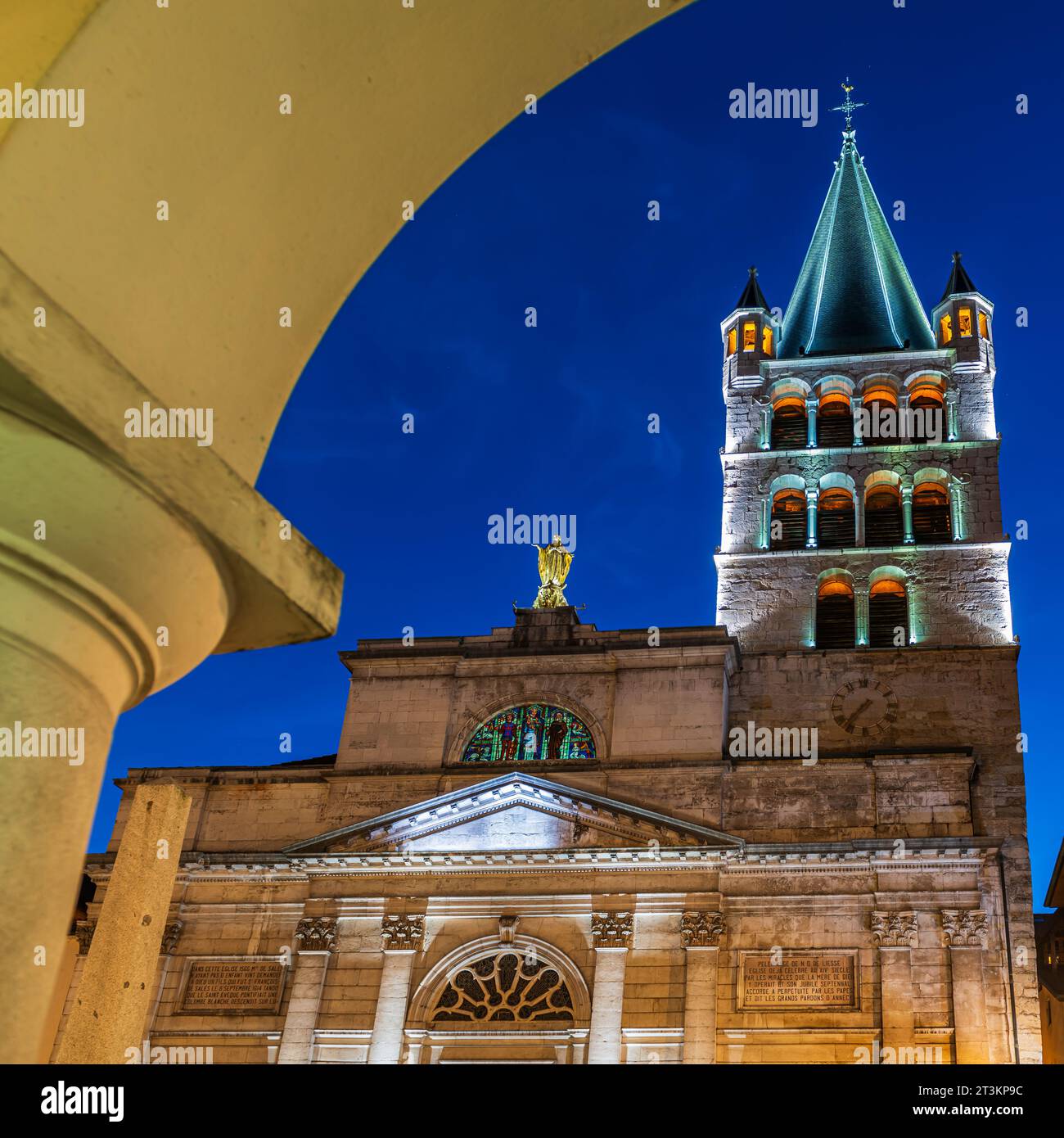 Notre Dame de Liesse Church, at night with its beautiful bell tower in ...