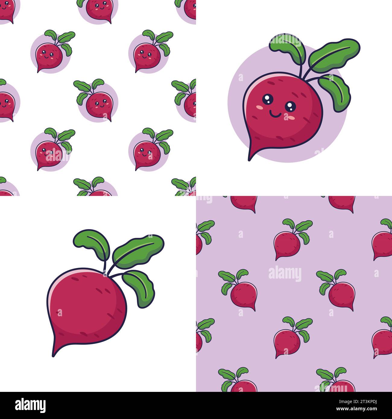 Set of Cute Kawaii Beet root patterns. Food vegetable flat icon ...