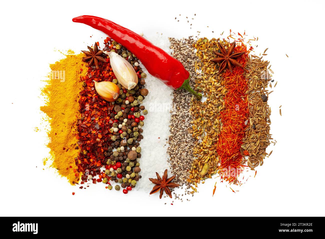 Rows of different spices on white background Stock Photo - Alamy