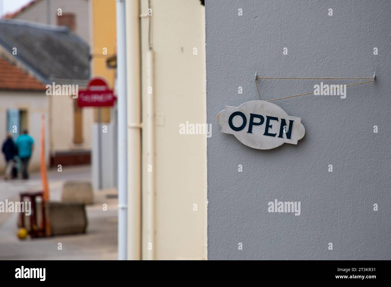 Open label open sign on wall facade entrance for welcome customers to ...